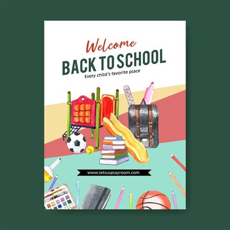 School Poster Design With Toy Lob Ball Watercolor Illustration Stock
