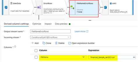 filter real time error rows from csv to sql database table in azure