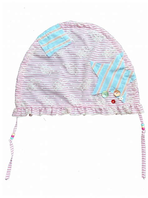 Striped Pattern Pink Drawstring Hat Ruffle Trim