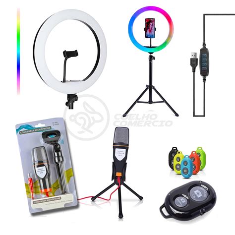Kit Ring Light Rgb Com Tripé 15m Microfone Podcast Sf 666 Disparador Remoto De Fotos