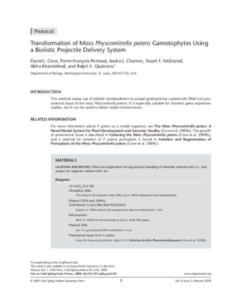 Pdf Transformation Of Moss Physcomitrella Patens Gametophytes Using A Biolistic Projectile