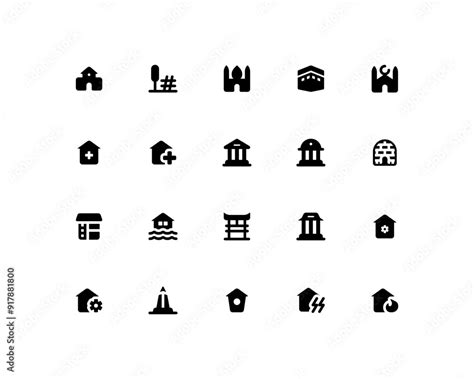 building icon set in outline style mansion park mosque chimney