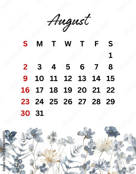 2026 Calendar Flowers On White Background Design Template Of August