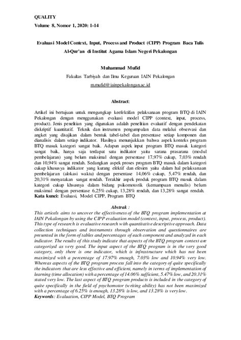 Pdf Evaluasi Model Context Input Process And Product Cipp Program Baca Tulis Al Quran Di