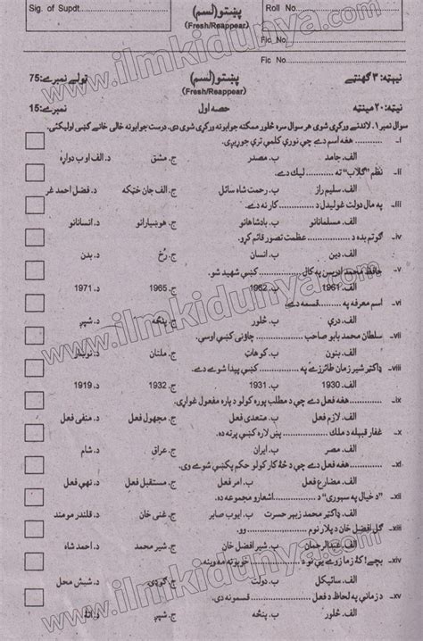 Past Papers 2022 Kohat Board 10th Class Pushto Objective