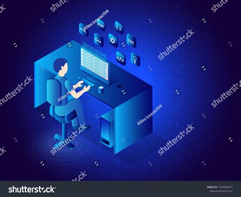 Isometric Illustration Workspace Developer Coding Program Stock Vector