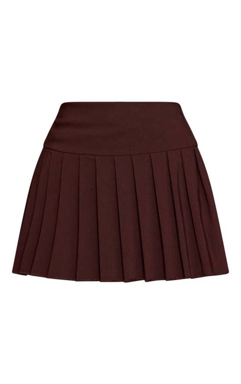 Brown Stretch Woven Low Rise Pleated Micro Mini Skirt