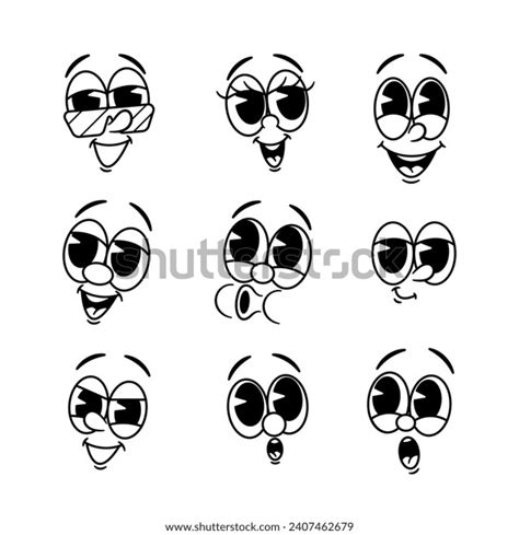 Cartoon Black White Retro Emoji Set Stock Vector Royalty Free