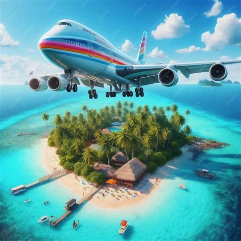 There Is A Large Airplane Flying Over A Small Island In The Ocean