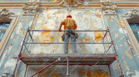 Premium Photo Male Worker Plasterer Working On Scaffolding Plastering A Wall Repairing The