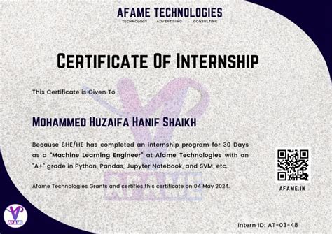 Machinelearning Internship Letterofrecommendation Afametechnologies Huzaifa Shaikh