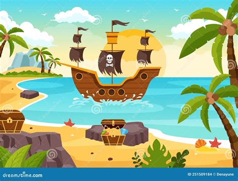 Cute Caribbean Pirate Treasure Island Map Cartoon Vector