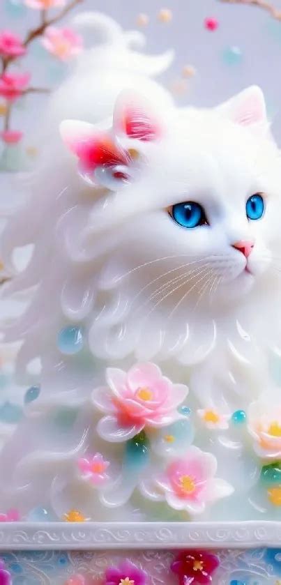 Floral White Cat Art Free Download