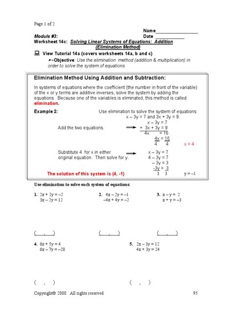 System Of Equations Worksheets Elimination Printable Online