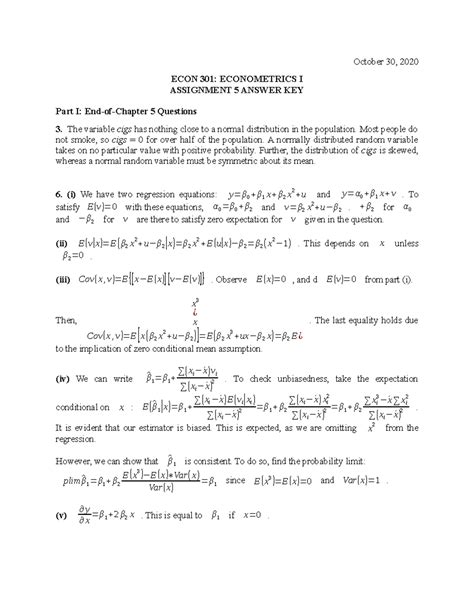 Assignment 5 Answer Key October 30 2020 Econ 301 Econometrics I Assignment 5 Answer Key Part