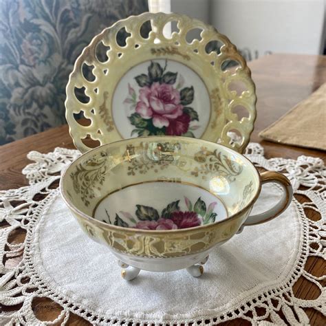 Royal Sealy China Japan Vintage Footed Tea Cup Reticulated Saucer Roses