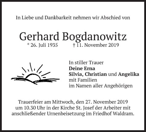 Traueranzeigen Von Gerhard Bogdanowitz Trauermerkurde
