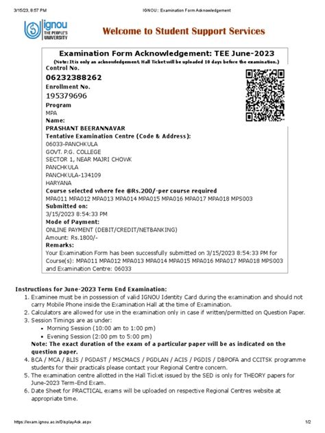 Ignou Examination Form Acknowledgement Pdf Payments Service