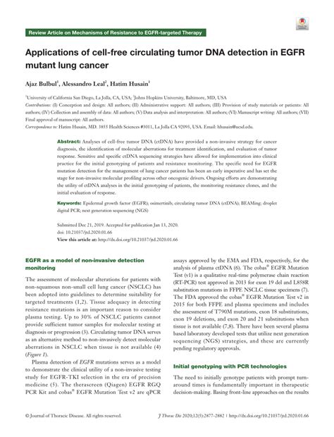 Pdf Applications Of Cell Free Circulating Tumor Dna Detection In Egfr Mutant Lung Cancer