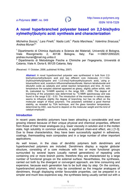 Pdf A Novel Hyperbranched Polyester Based On 2 2 Bis Hydro Xylmethyl Butyric Acid Synthesis