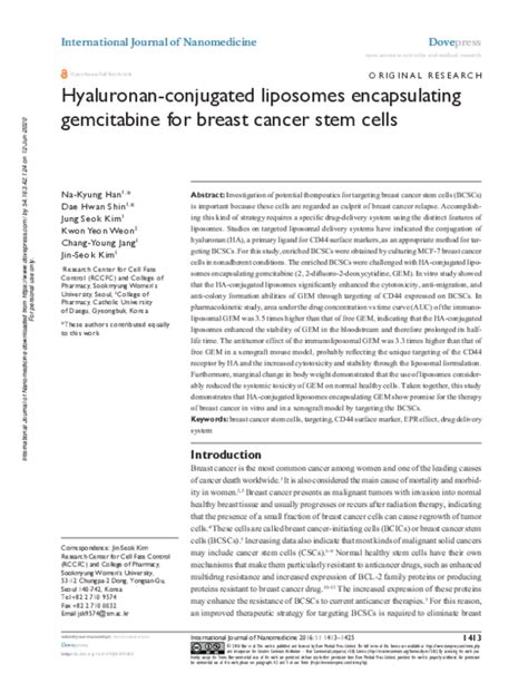 Pdf Hyaluronan Conjugated Liposomes Encapsulating Gemcitabine For