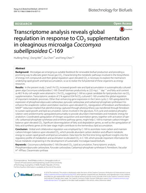 Pdf Transcriptome Analysis Reveals Global Regulation In Response To Co2 Supplementation In