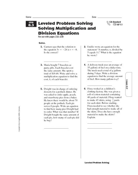 Leveled Problem Solving Solving Multiplication And Division Equations Worksheet For 6th 8th
