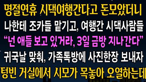 반전사연 명절연휴 시댁여행 간다고 돈모았더니 나한테 조카들 맡기고 출국한 시댁 사람들 귀국날 내 문자 한통에 시댁이 발칵