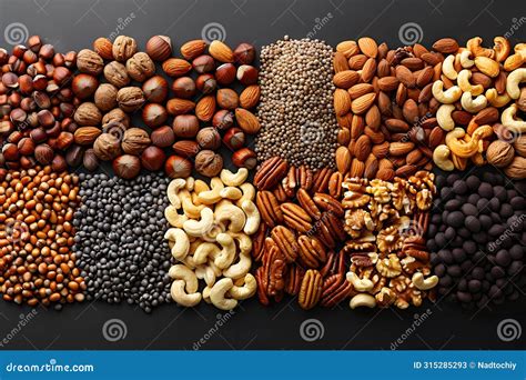 Assorted Nuts And Seeds Natural Foods On Black Background Stock Image