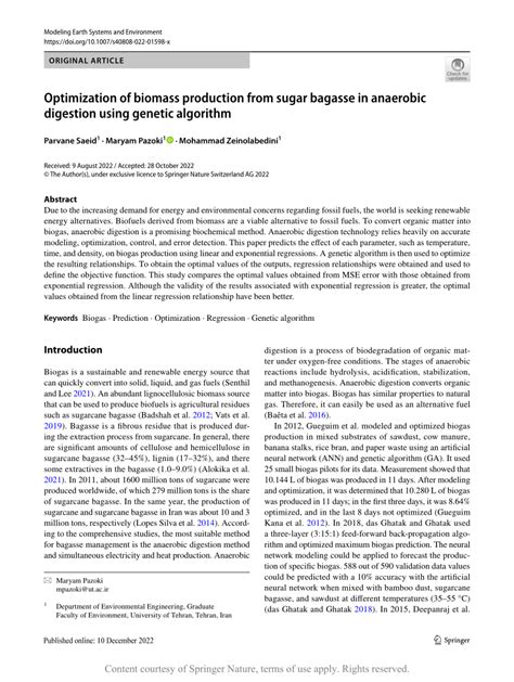 Pdf Optimization Of Biomass Production From Sugar Bagasse In Anaerobic Digestion Using Genetic