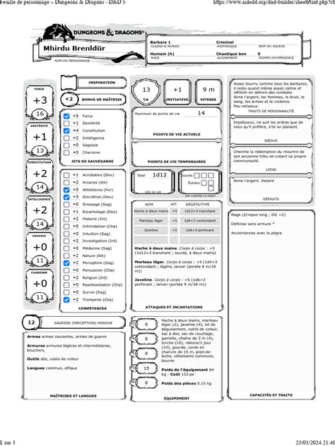 Feuille De Personnage Dungeons And Dragons Dandd 5 Pdf