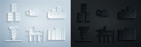 바다 유조선 선박 회전 드릴 굴착 구멍 산업 공장 건물 캐니스터 모터 오일 및 배럴 아이콘에 오일 플랫폼을 설정합니다 벡터 0명에 대한 스톡 벡터 아트 및 기타 이미지