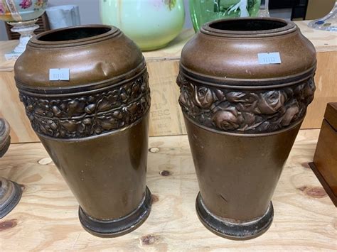 Pair Of Large Vintage Halah Ware Solid Brass Vases 1 With Pressed