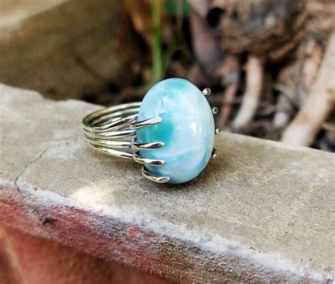 Natural Larimar Ring Sterling Silver Dominican Republic Larimar Ring