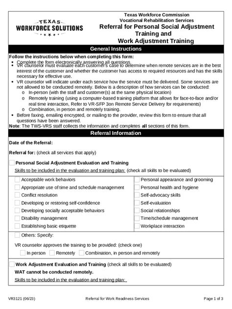 Vr3121 Referral For Personal Social Adjustment Training And Work