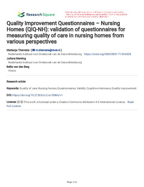 Pdf Quality Improvement Questionnaires Nursing Homes Qiq Nh
