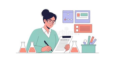 Scientist Woman Taking Lab Inventory List With Experiment Beakers Stock