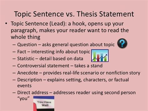 Topic Sentence Vs Thesis Statement• Topic Sentence Lead A Hook