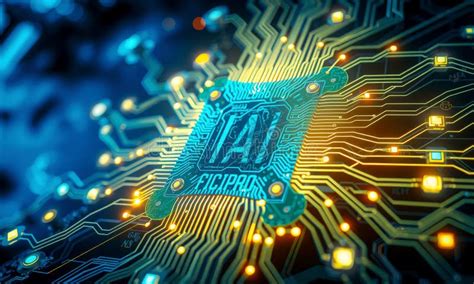Glowing Ai Chip Processor Is Integrated Into Circuit Board Showcasing Intricate Pathways And