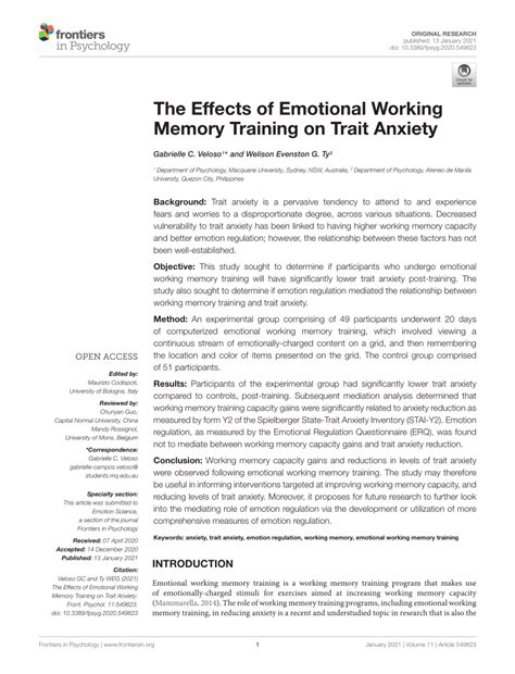 Pdf The Effects Of Emotional Working Memory Training On Trait Anxiety