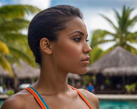 Premium Photo A Woman In An Orange Swimsuit Stands Near A Pool