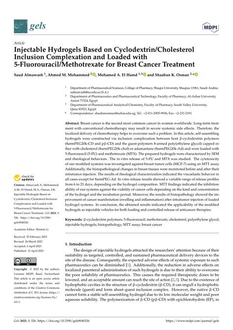 Pdf Citation Injectable Hydrogels Based On Cyclodextrincholesterol