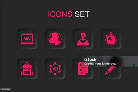 분자 지구 지구본 노트북 체크리스트가 있는 클립보드 스톱워치 연필 지우개 졸업 및 졸업 모자 및 학교 책가방 아이콘을 설정합니다