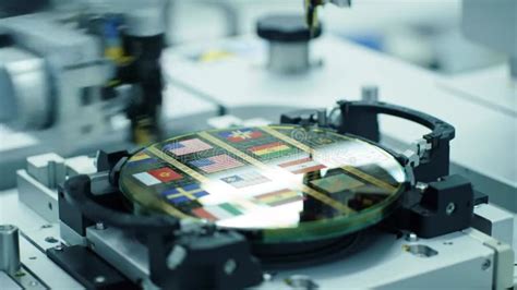 High Tech Microchip Manufacturing Process Global Flags On Semiconductor Wafer Stock Footage