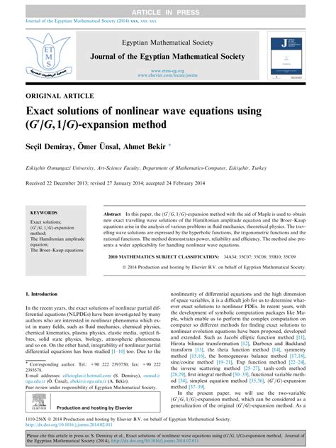 Pdf Exact Solutions Of Nonlinear Wave Equations Using G′g 1g Expansion Method
