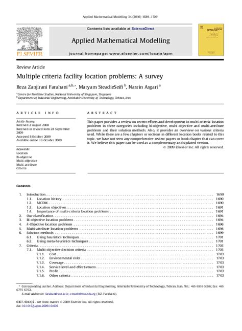 Pdf Multiple Criteria Facility Location Problems A Survey