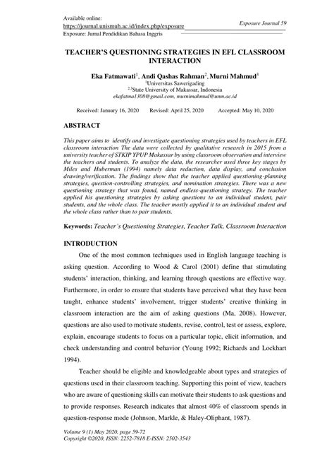 Pdf Teachers Questioning Strategies In Efl Classroom Interaction
