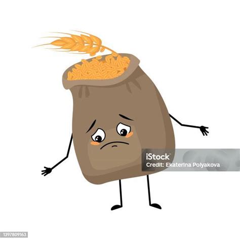 슬픈 감정 우울한 얼굴 눈 팔 및 다리가있는 밀과 귀 캐릭터의 귀여운 자루 우울한 표정과 포즈를 가진 시리얼 작물 벡터 플랫 일러스트 레이 션 가공의 인물에 대한 스톡 벡터
