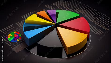 3d rendering of pie chart in black background with colorful rainbow bars 3d rendering of pie