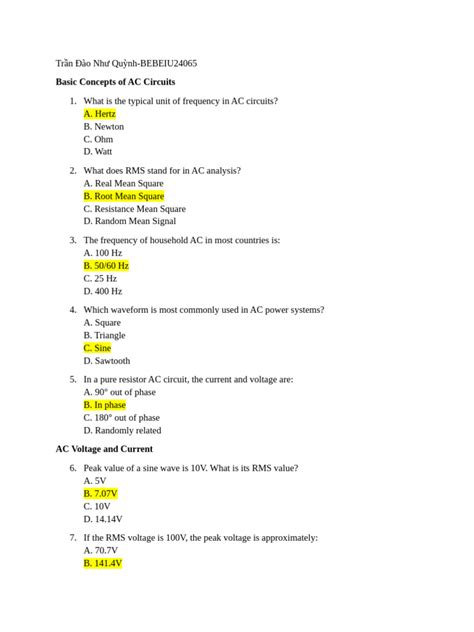 Ac Circuit Concepts And Mcqs Pdf Electrical Impedance Ac Power